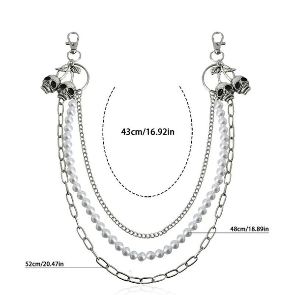 Punk Waist Pants Chain with Skull Keychain - Multilayer Pearl Chains f ...